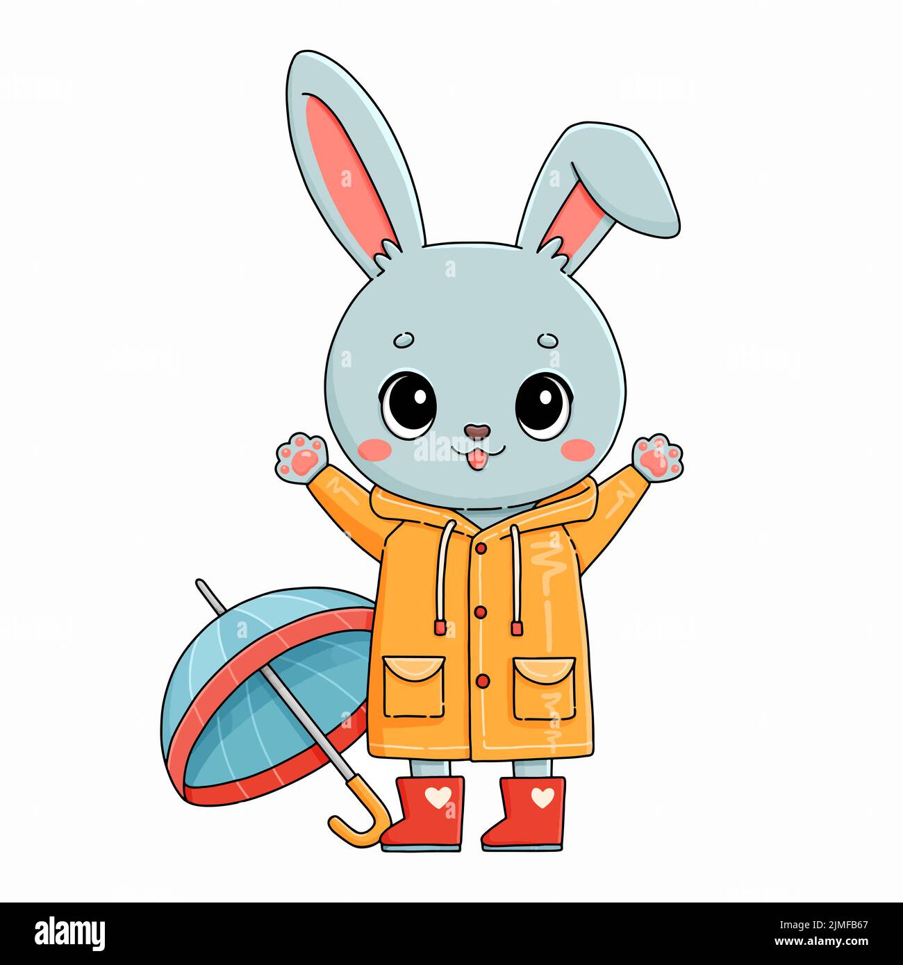 Rabbit in yellow raincoat and blue umbrella vector Stock Vector Image ...