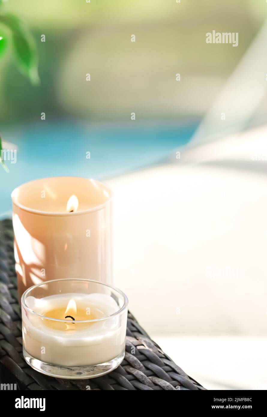 Scented candles collection as luxury spa background and bathroom home ...