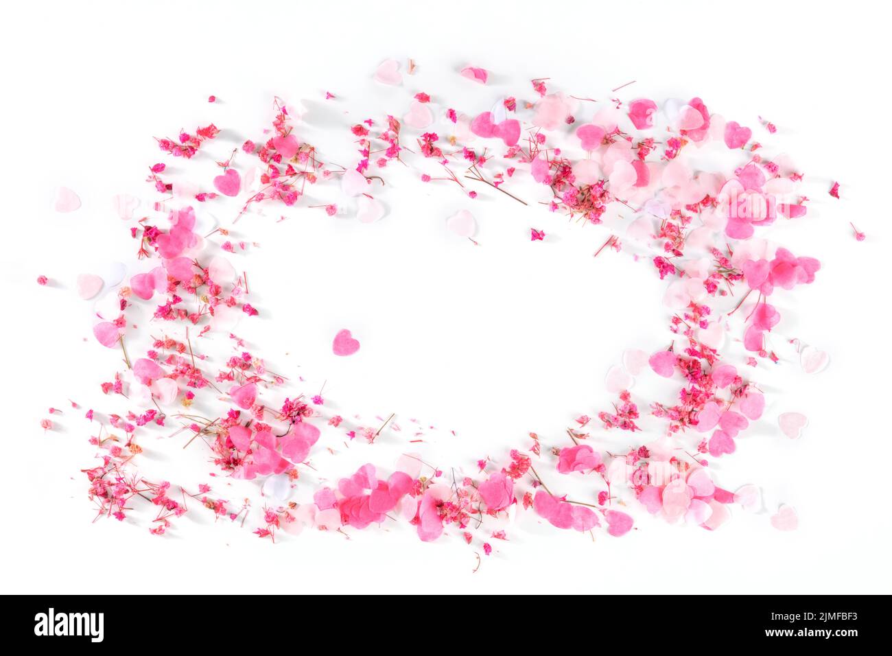 Valentine day background with paper pink hearts and rose flowers ...