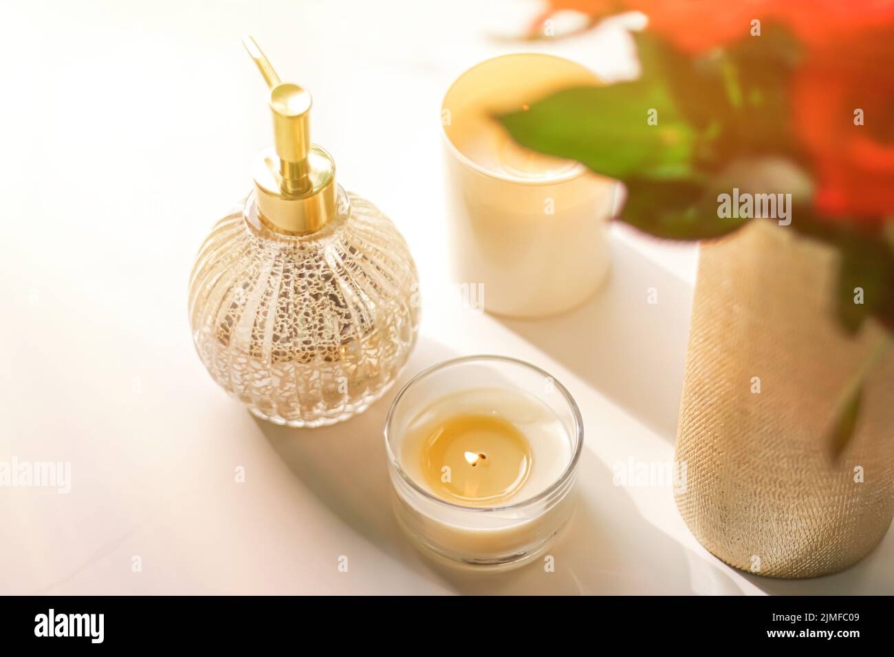 Scented candles collection as luxury spa background and bathroom home ...