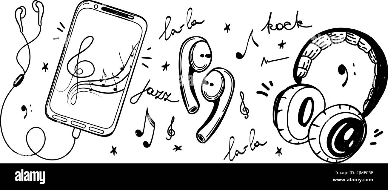 A set of devices for listening to music, hand-drawn in doodle-sketch ...