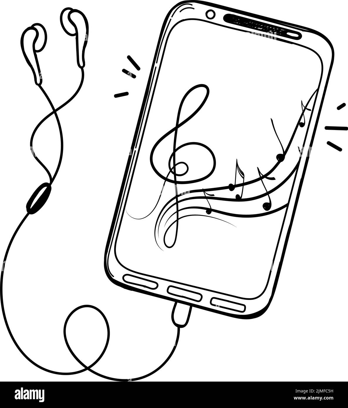 A smartphone with headphones, hand-drawn in doodle-sketch style. A ...