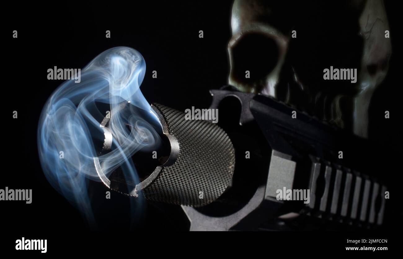 Ghost gun 3D Illustration with a photo of a smoking gun barrel and ...