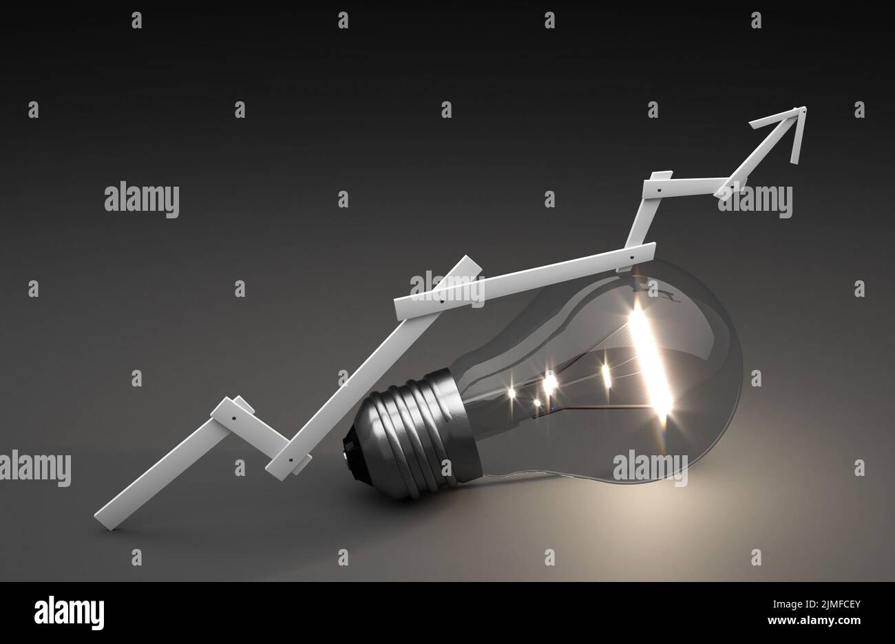Old glowing light bulb with arrow in front of background - 3D ...