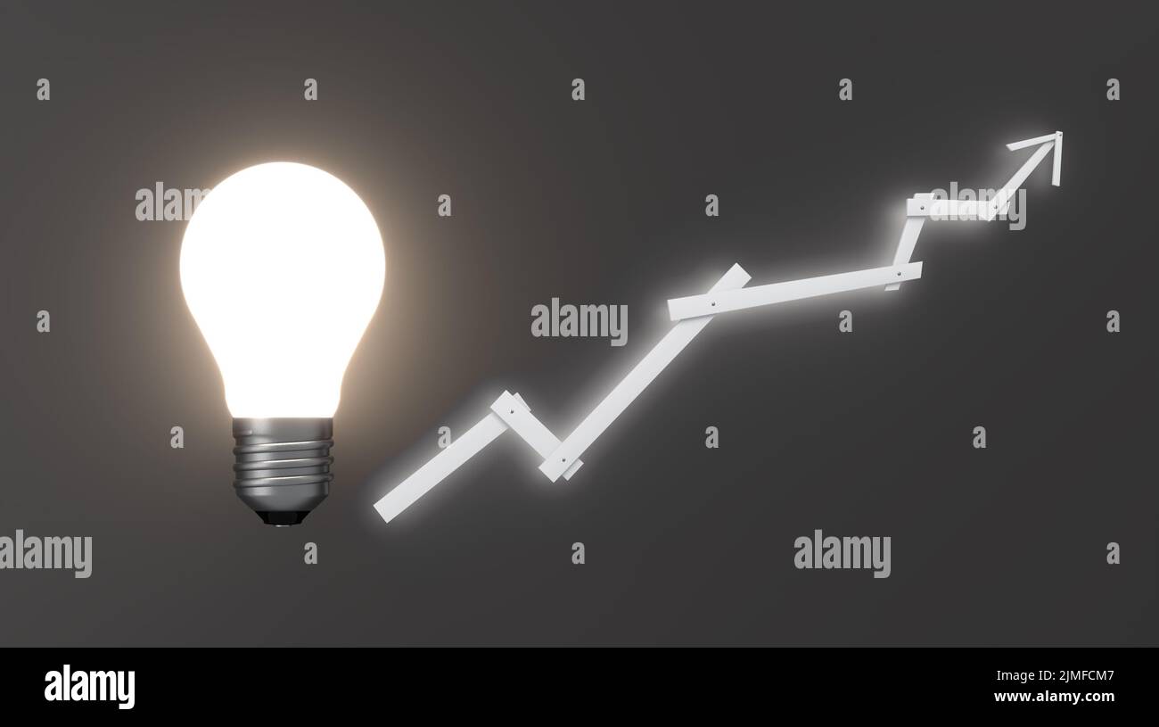 Old glowing light bulb with arrow in front of background - 3D ...