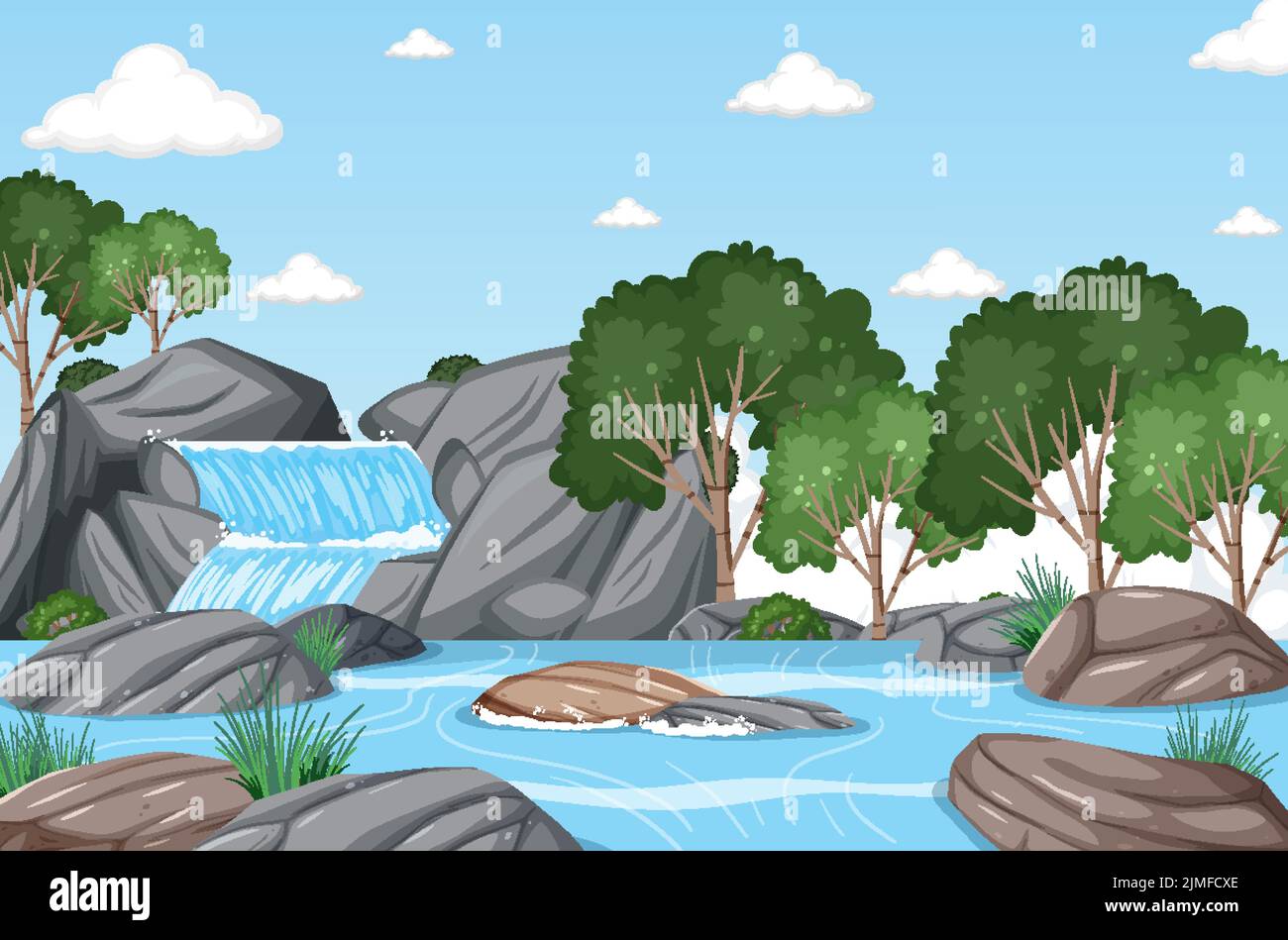 Waterfall in the forest background illustration Stock Vector Image ...