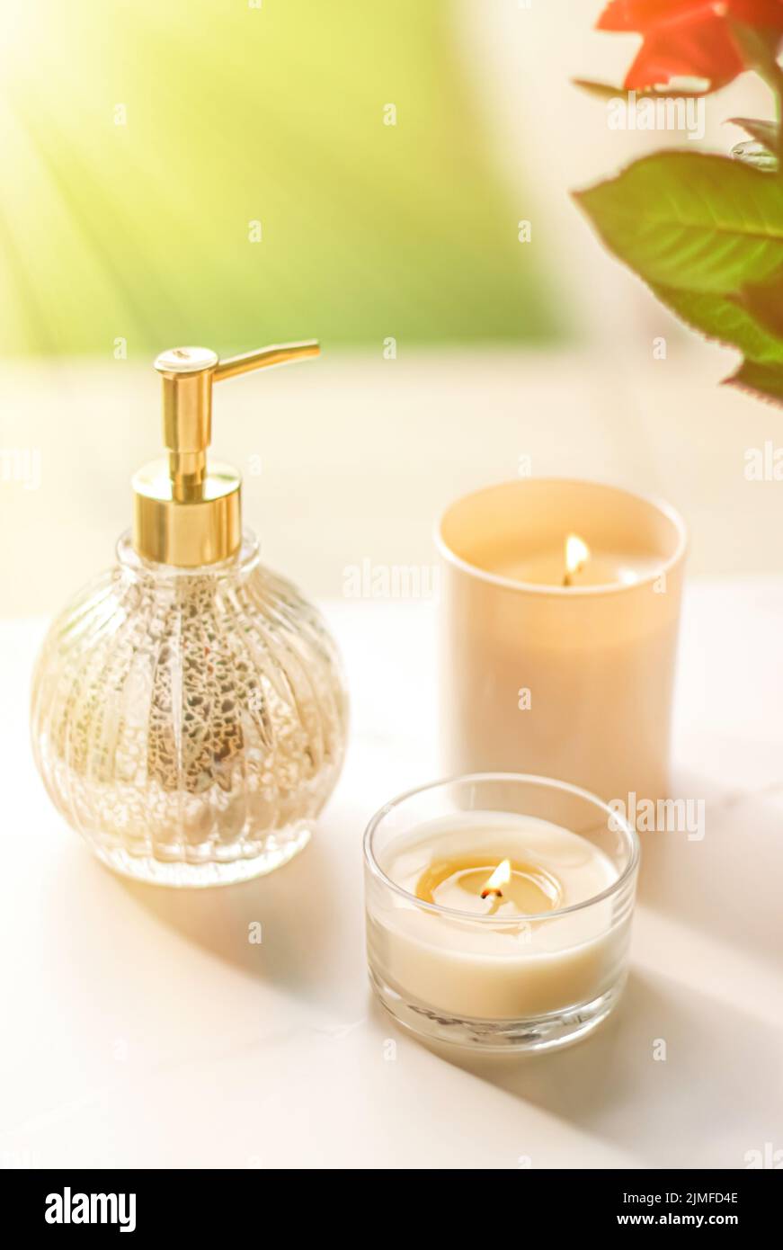 Scented candles collection as luxury spa background and bathroom home ...