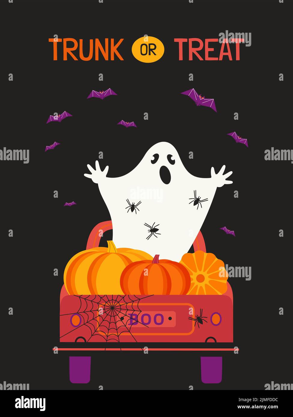 Cute Halloween Trunk or Treat flat vector poster. Holiday truck with ...