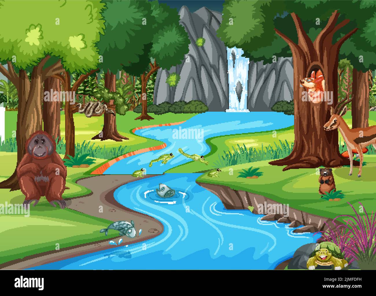 Wild animals cartoon characters in the forest scene illustration Stock ...