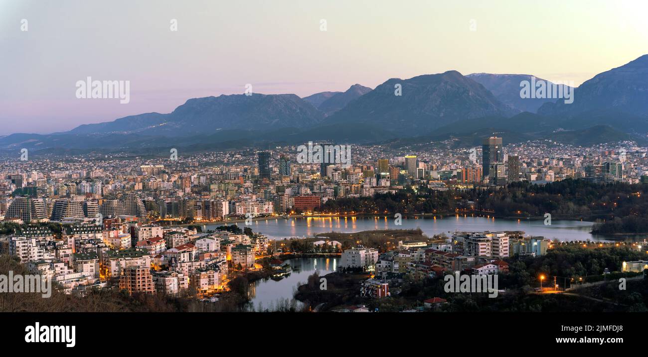 Albania, Tirana city east view, morning before sunrise, winter Stock ...