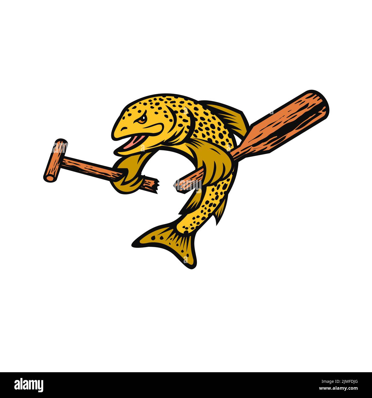 Brown Trout or Finnock Breaking a Paddle Cartoon Mascot Color Stock ...