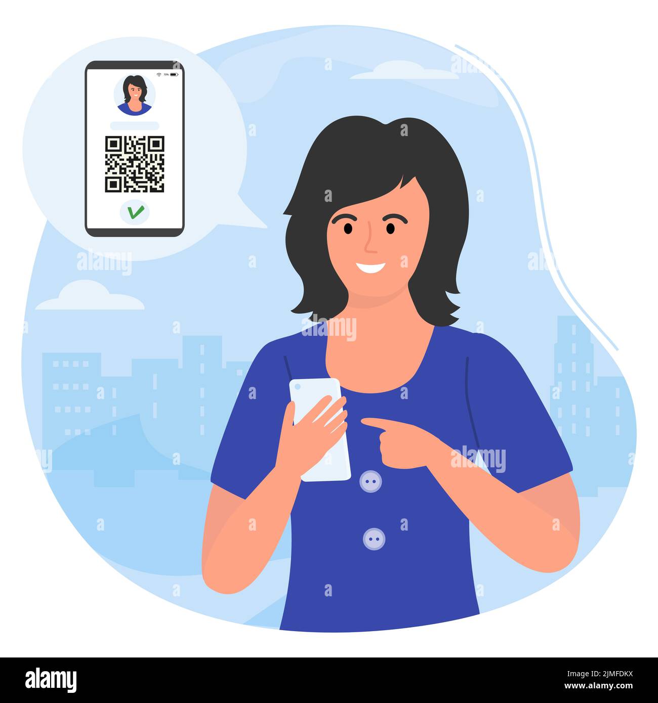 Vector illustration Woman uses cell phone app to scan QR code. Barcode ...