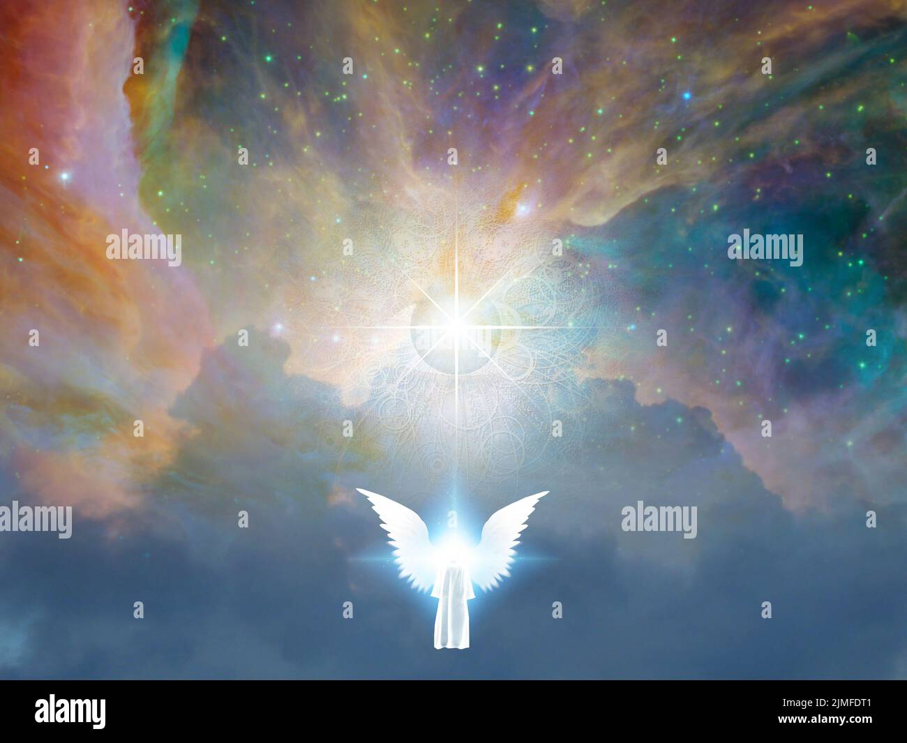 Surrealism. White angel stands before God's Eye in colorful universe ...