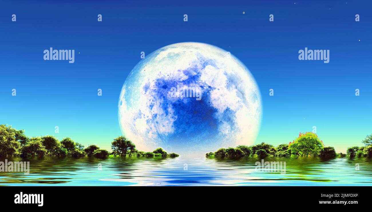 Surrealism. Terraformed moon over water surface. Green forest at the ...
