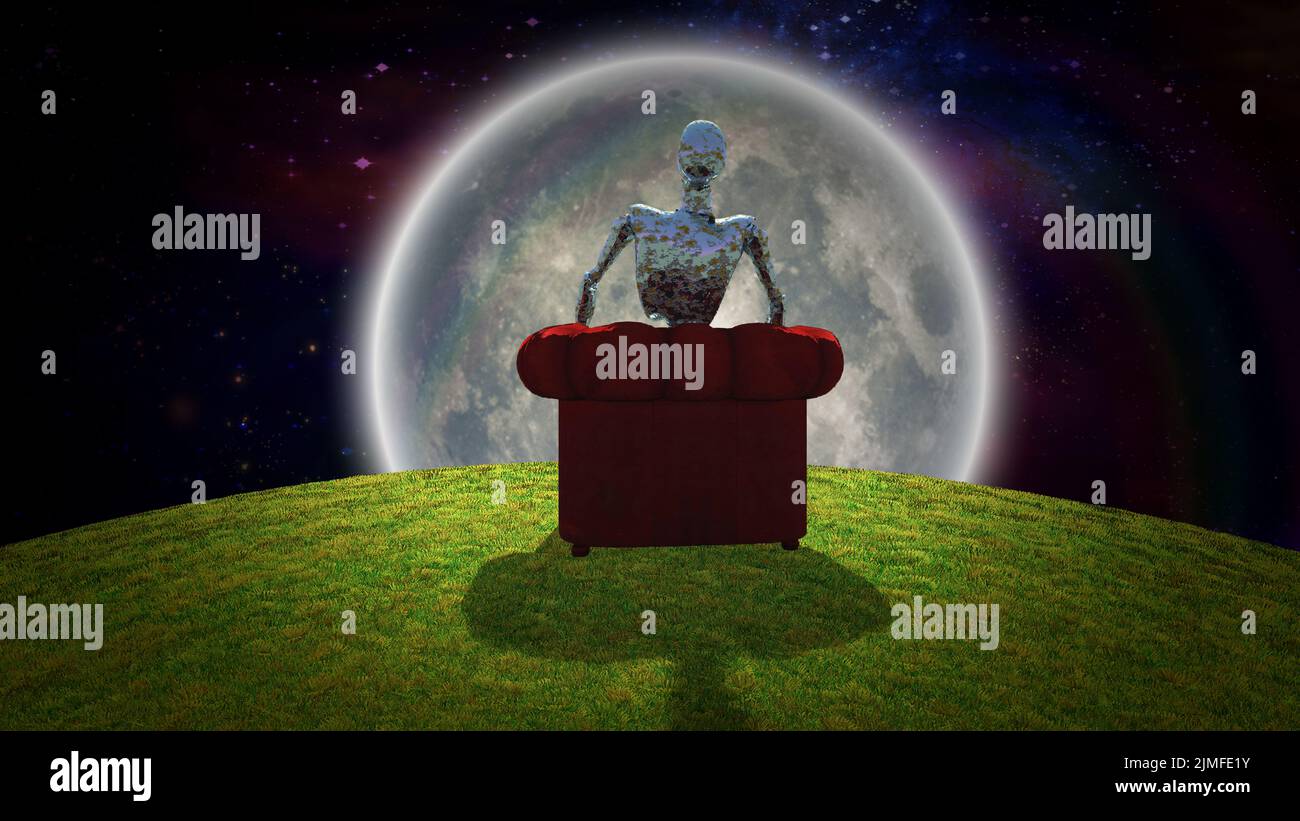 Surreal composition. Rusted alien sits in red armchair and observer ...