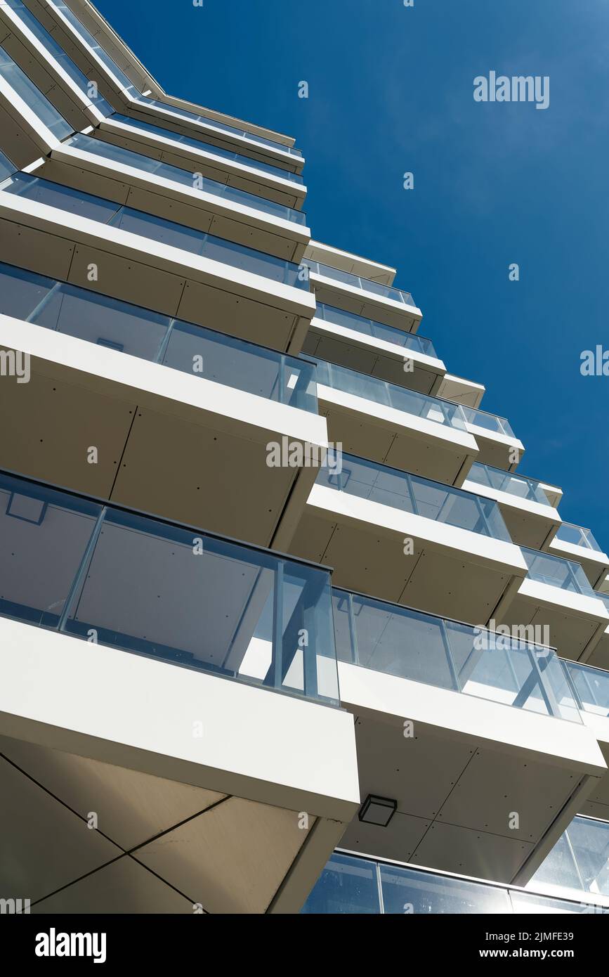 View upwards at a modern apartment building in Kolobrzeg in Poland ...