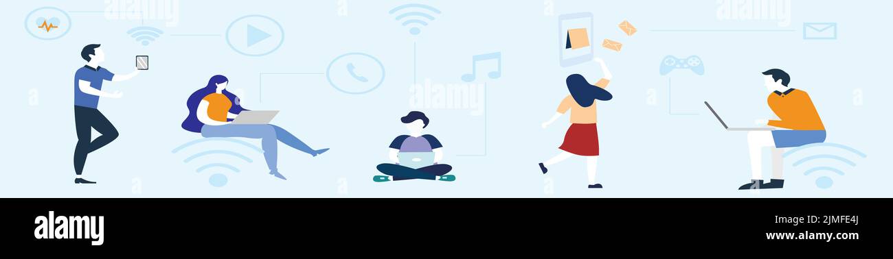 A vector illustration of human icons working with different devices ...