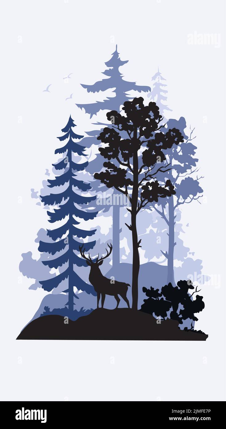 A vector illustration of silhouettes of trees and a stag Stock Vector ...