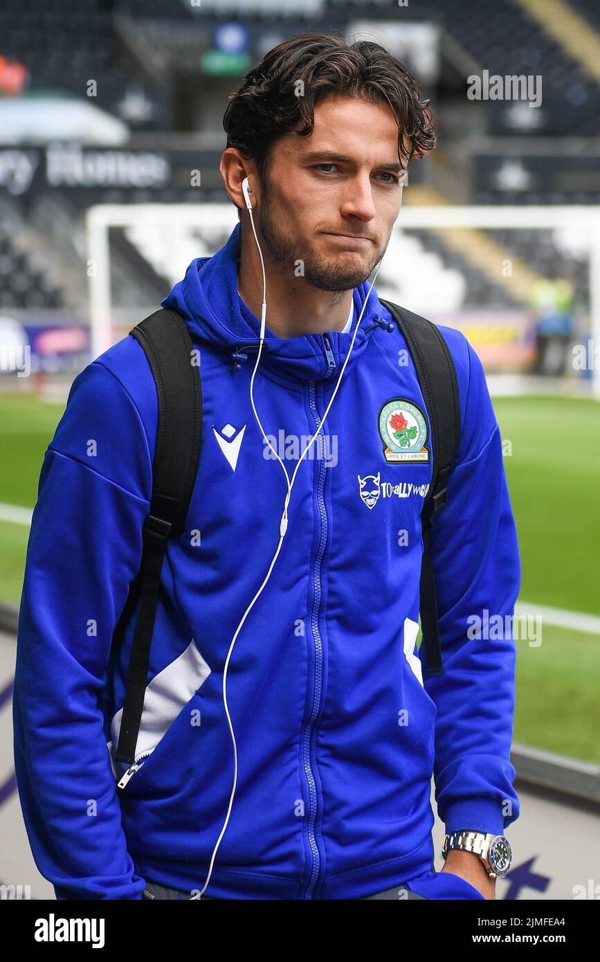 Lewis Travis (27) of Blackburn Rovers arrives at Swansea.com stadium ...