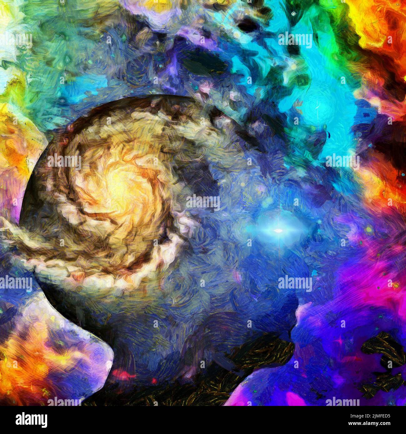 Surreal painting. Vivid universe in woman head. 3D rendering Stock ...