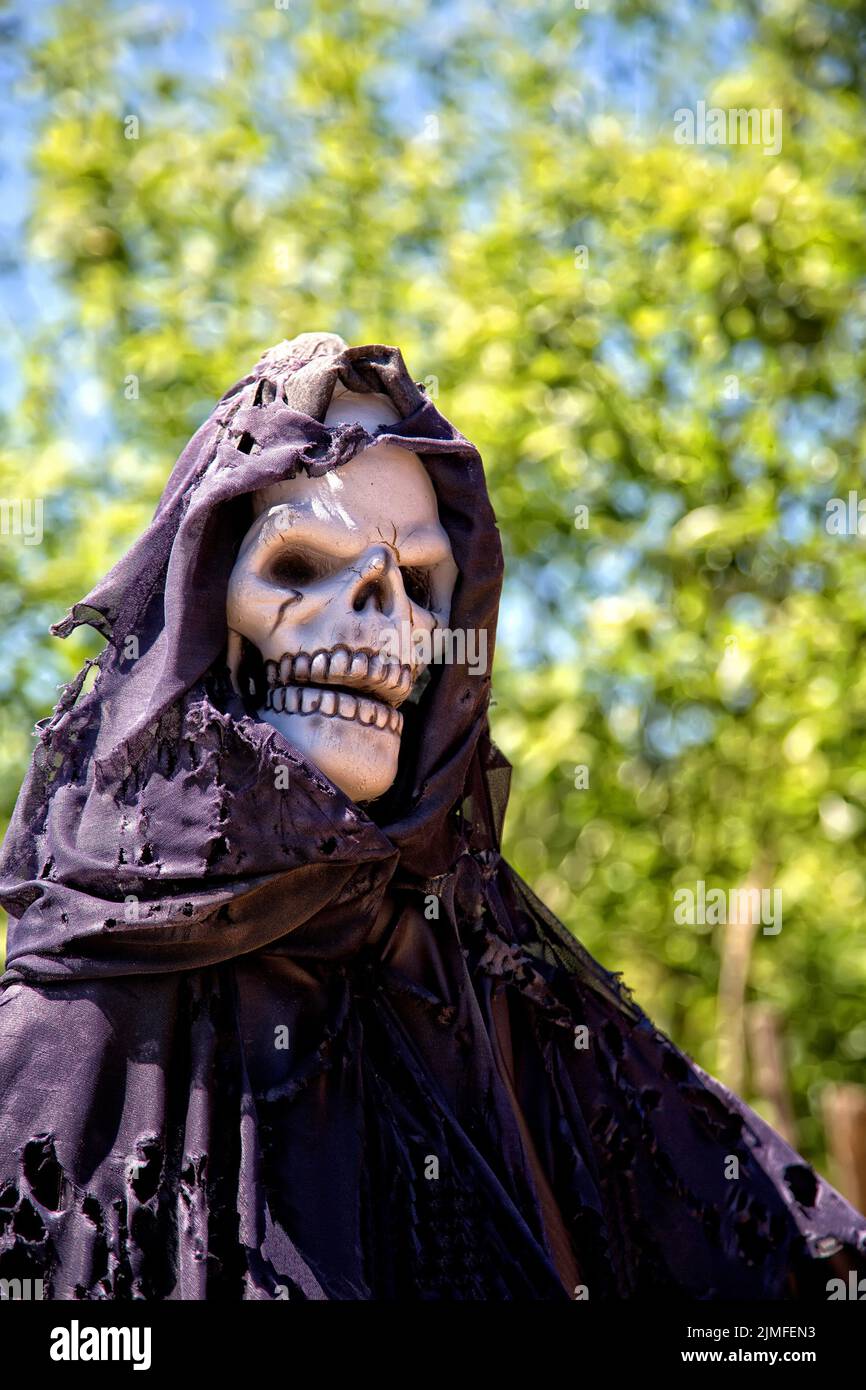 Skeleton in a black hood Stock Photo - Alamy