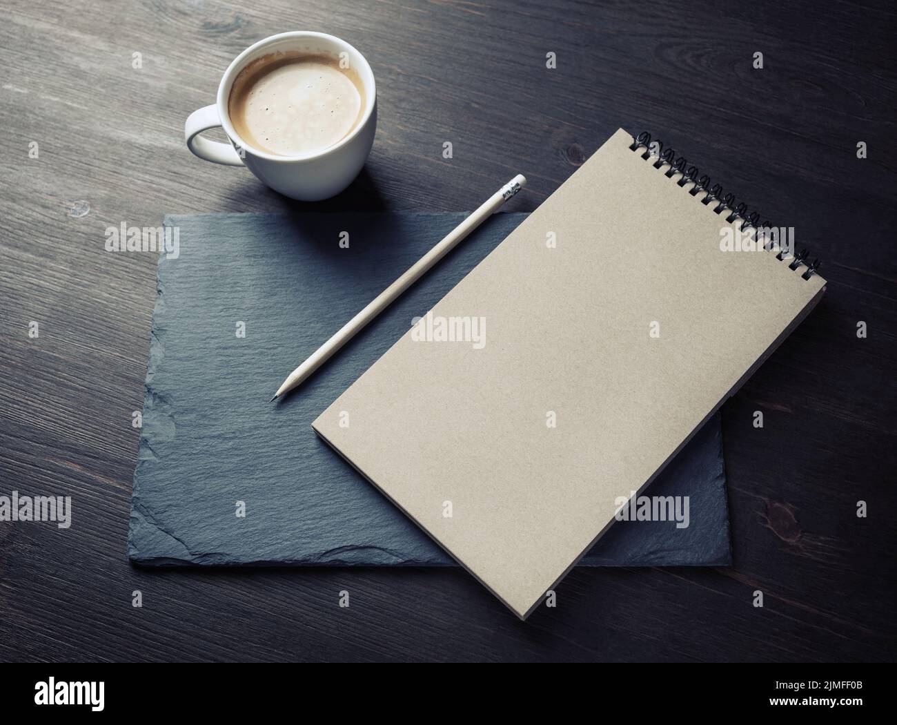 Notebook, pencil, coffee cup Stock Photo - Alamy