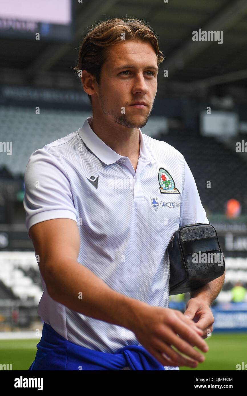 Callum Brittain (2) of Blackburn Rovers arrives at Swansea.com stadium ...