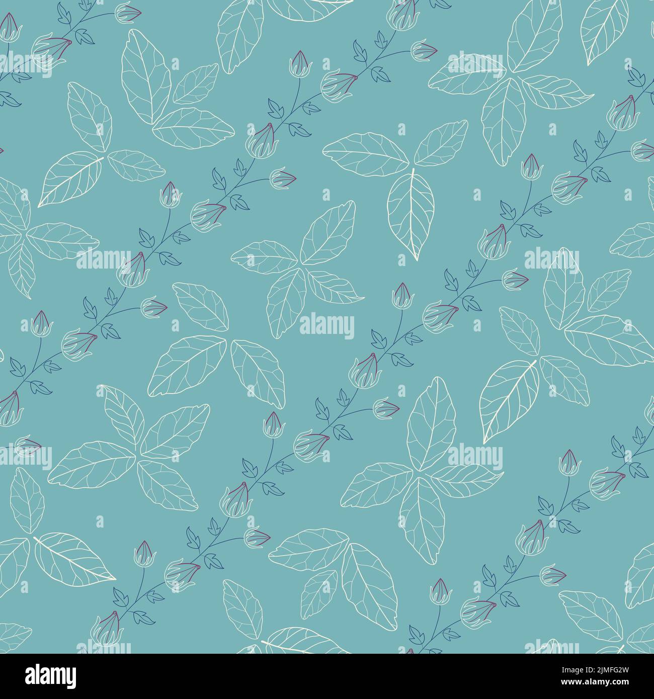 Powder blue line art leaves floral elegant vector seamless pattern ...