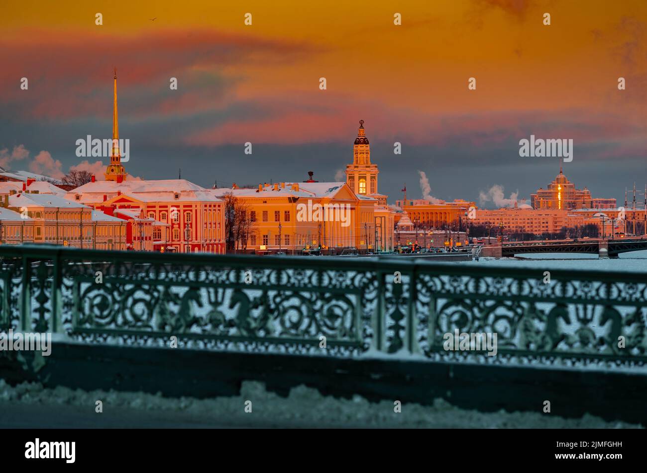 Winter panoramic view of St. Petersburg at sunset, golden spire of Peter and Paul fortress ...