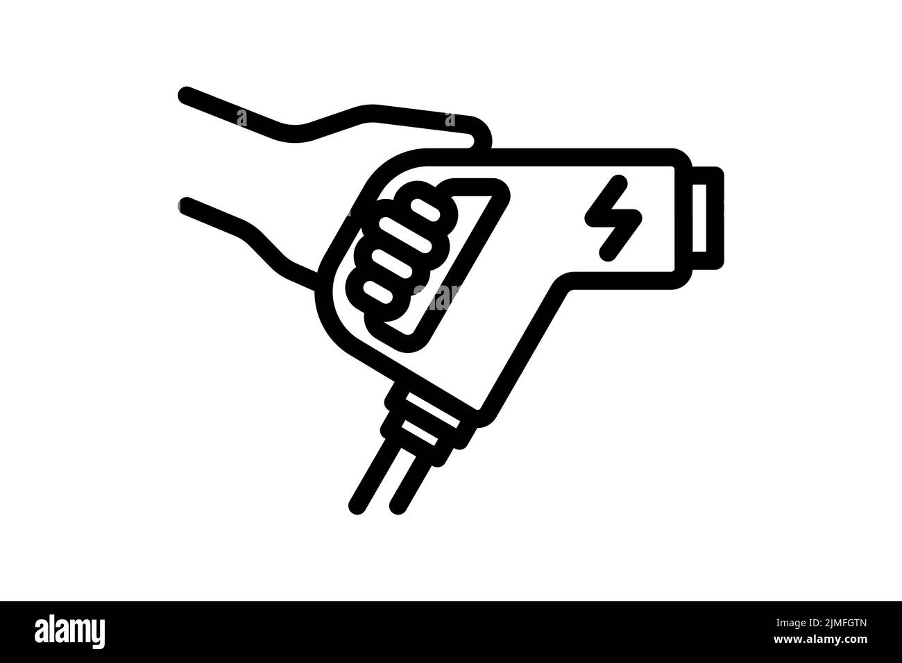 Hand holding electric charger connector linear black icon. Electrical ...