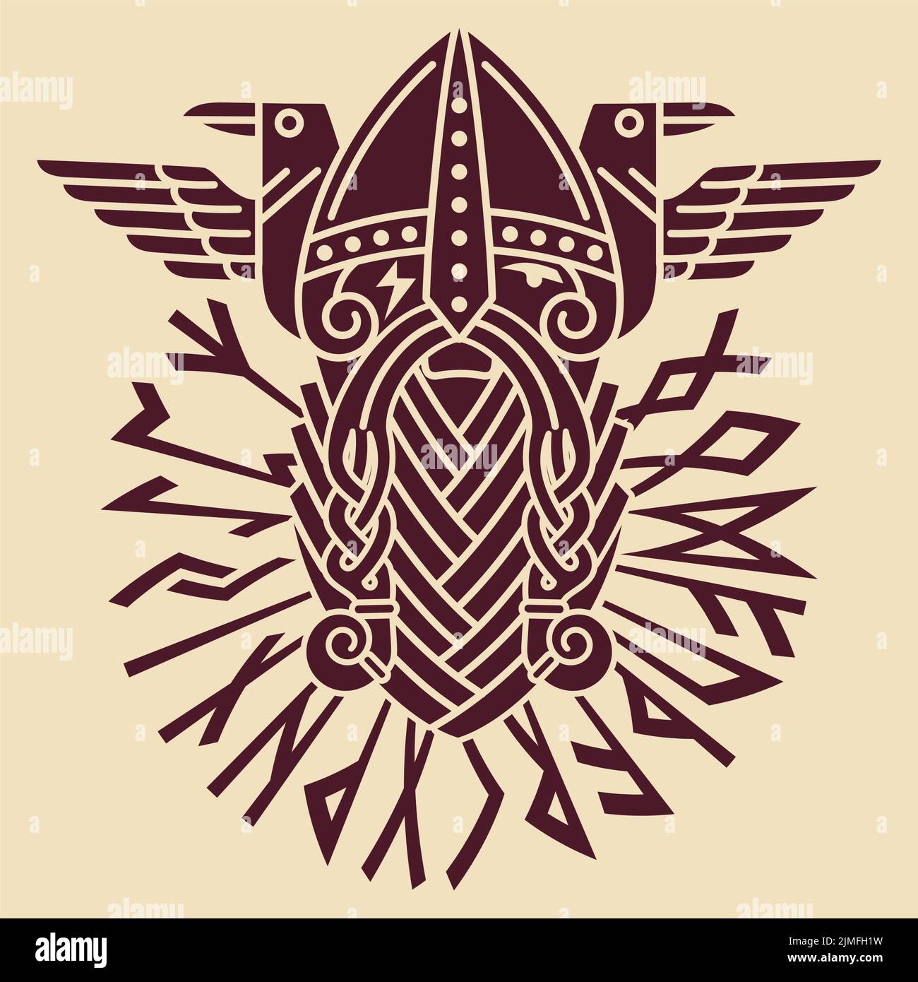God Wotan and two ravens in a circle of Norse runes. Illustration of ...