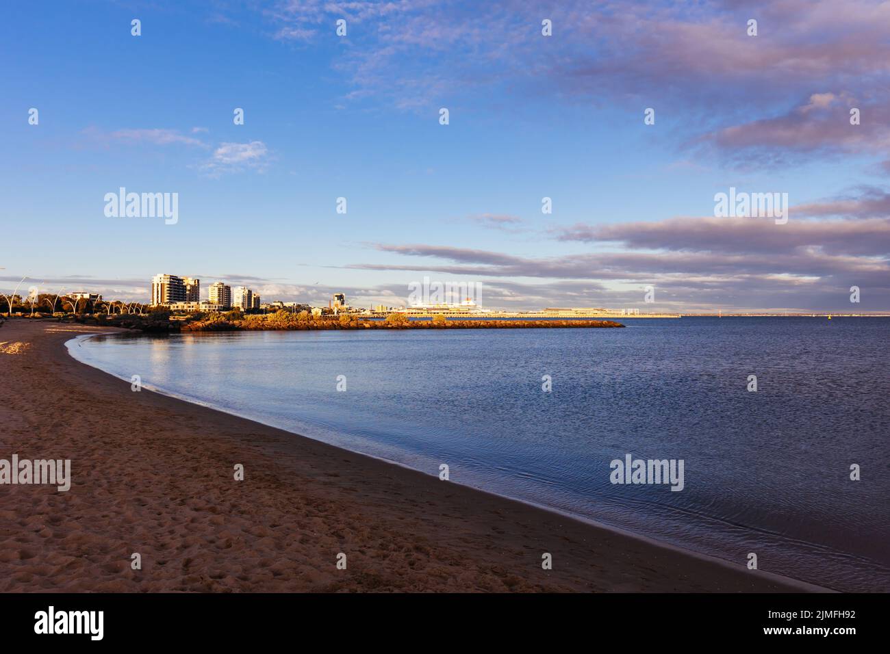 Westport Reserve Beach with a view towards Webb Dock and Princes Pier ...