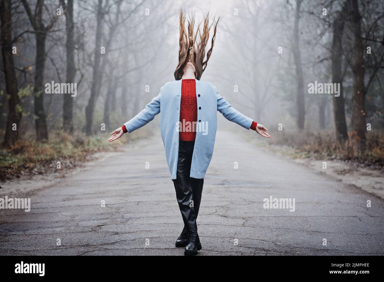 Nervous breakdown, mental breakdown. Exited woman with long fluttering ...