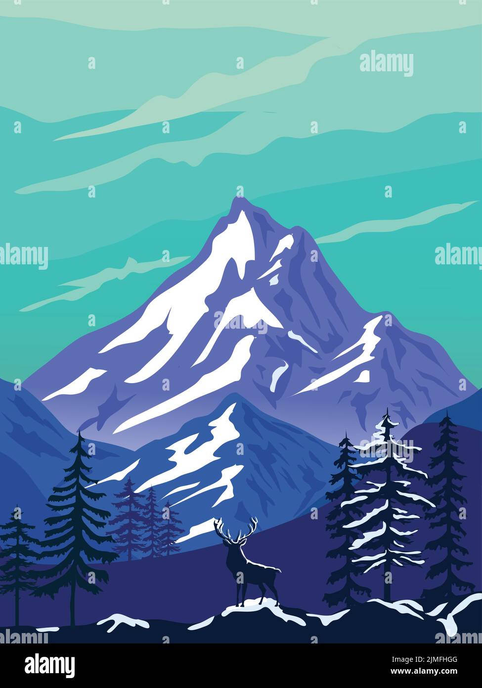 A vector illustration of silhouettes of trees, mountains, and a stag ...