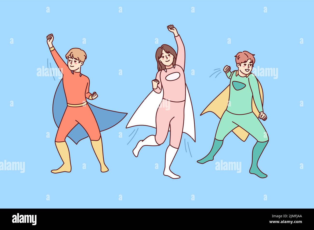 Happy children in superheroes costumer playing together outside ...