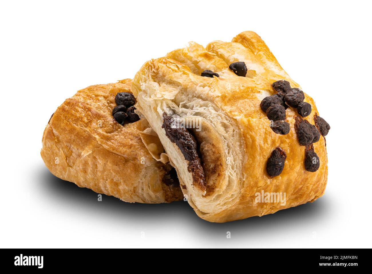 Side view pile of Danish Pastry with chocolate filling topping with ...