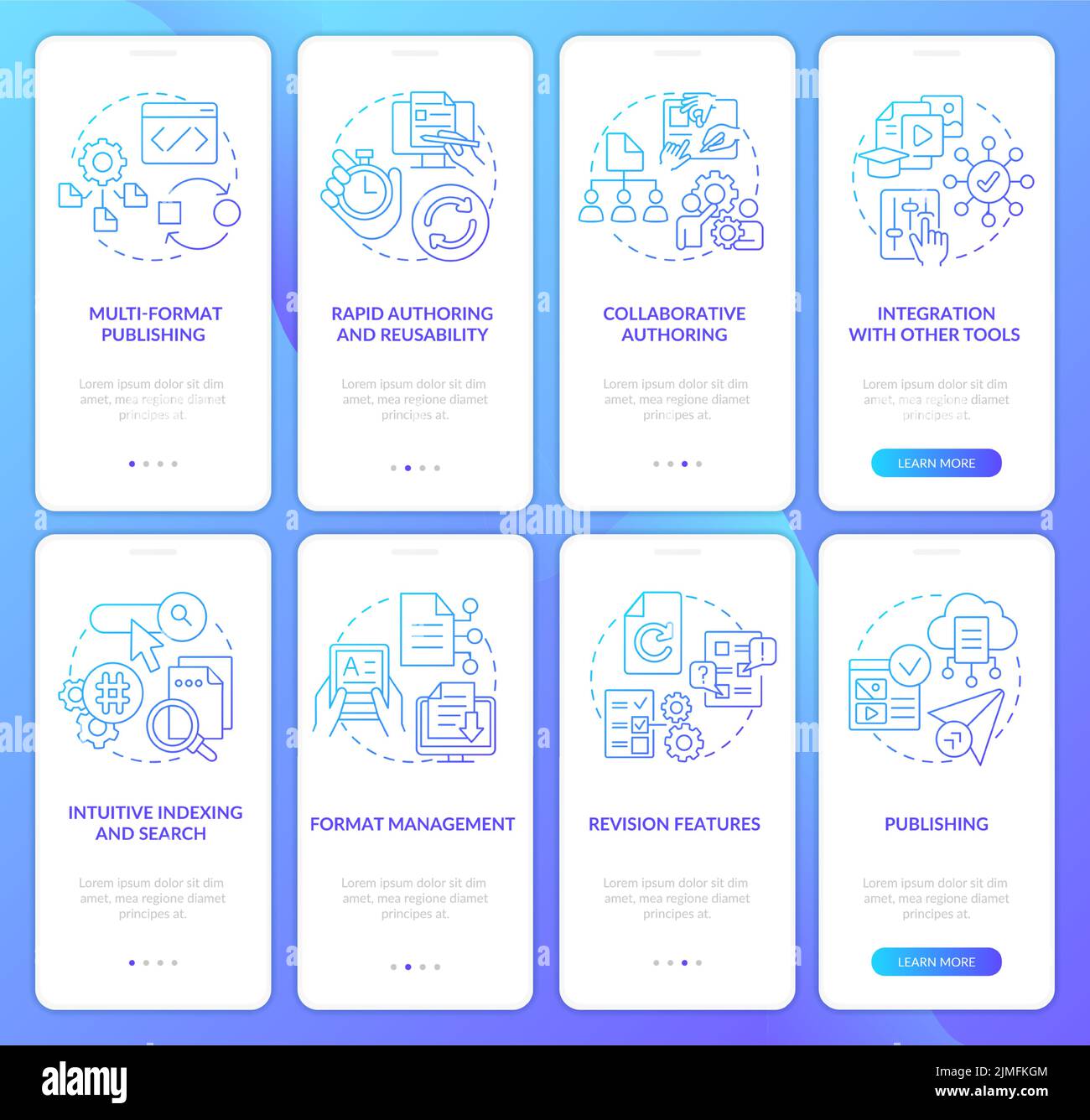 Lms And Cms Functionalities Blue Gradient Onboarding Mobile App Screen Set Stock Vector Image