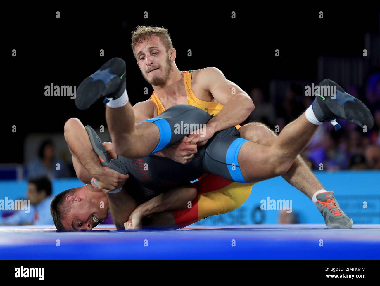 England’s Charlie Bowling competes against South Africa’s Arno van Zijl ...