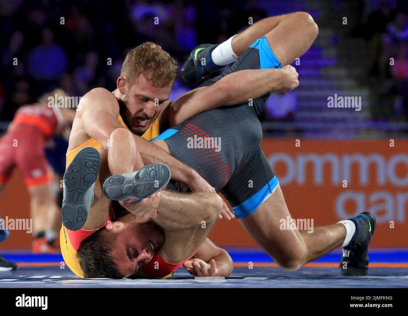 England’s Charlie Bowling competes against South Africa’s Arno van Zijl ...