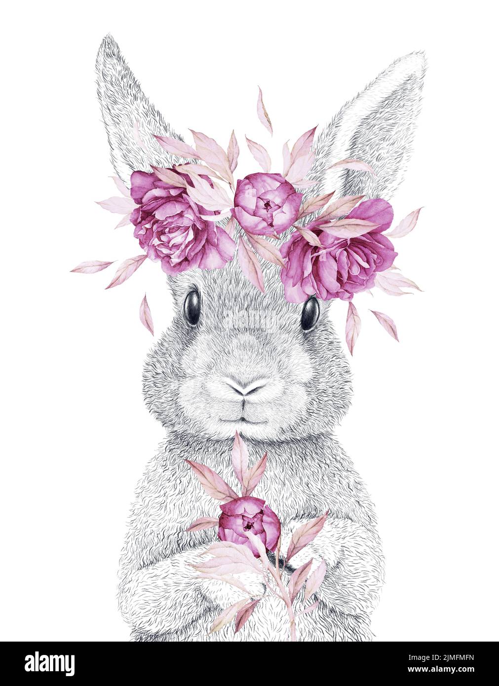Cute Rabbit. Pencil Draw. Floral Crown. Pink watercolor flower ...