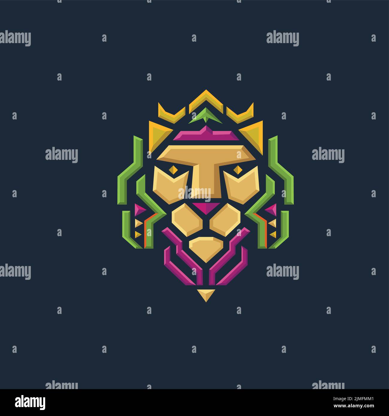 A vector design icon of a lion with a crown geometric tech logo on dark ...