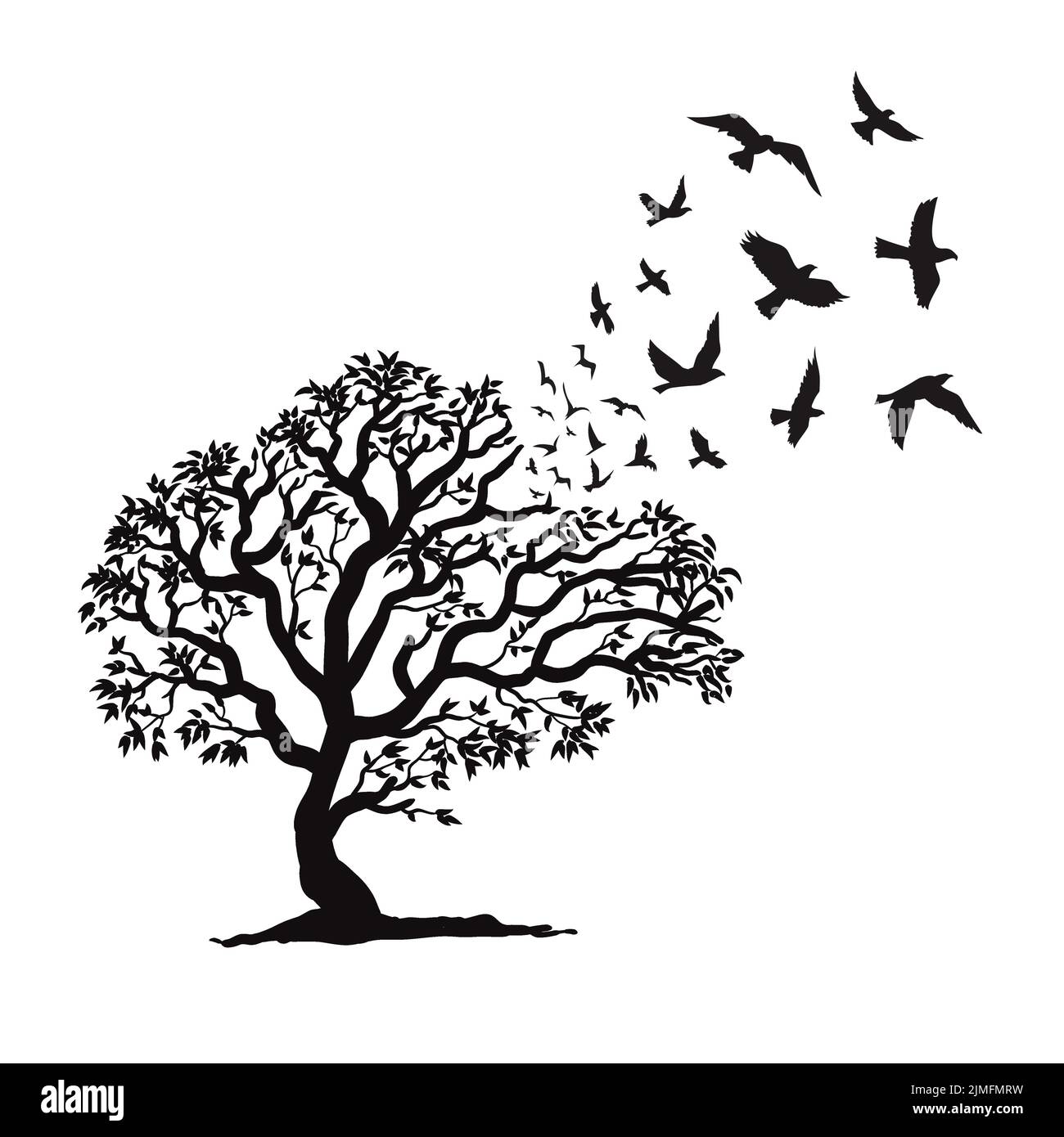 A close-up shot of a tree and flying above it blackbirds, drawn by a ...