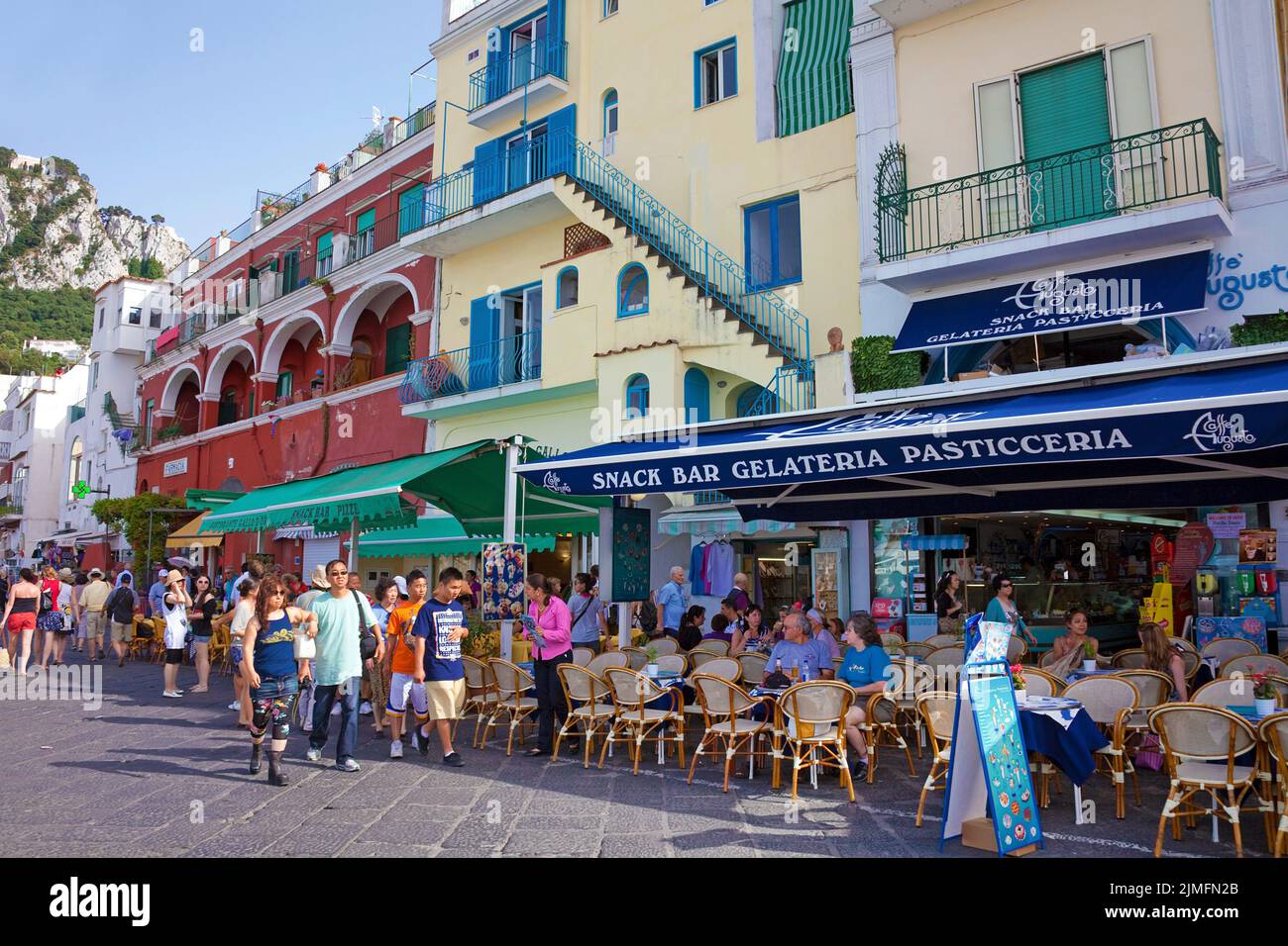 Restaurants at the harbour promenade of Marina Grande, Capri island ...