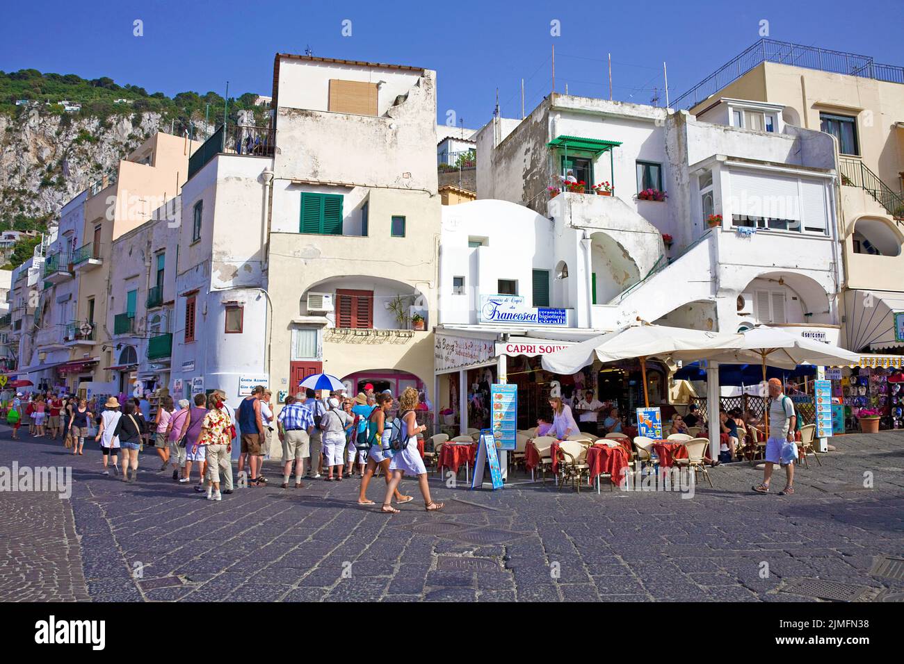 Restaurants at the harbour promenade of Marina Grande, Capri island ...