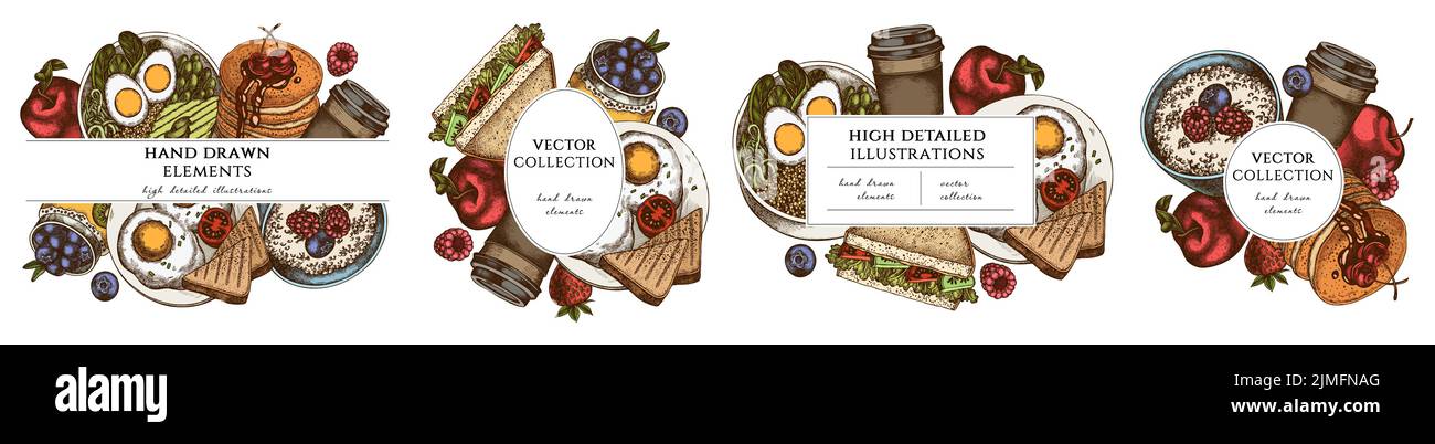 Breakfast hand drawn frame templates. Vintage illustrations of sandwich ...