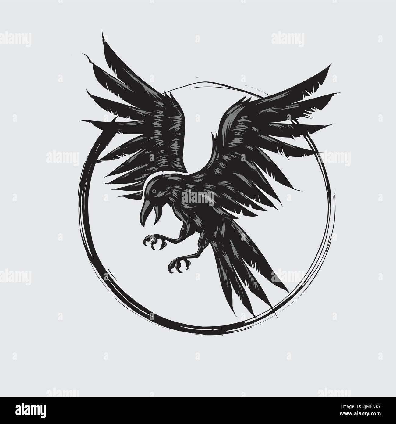 A flying raven with circle background in black color vector ...