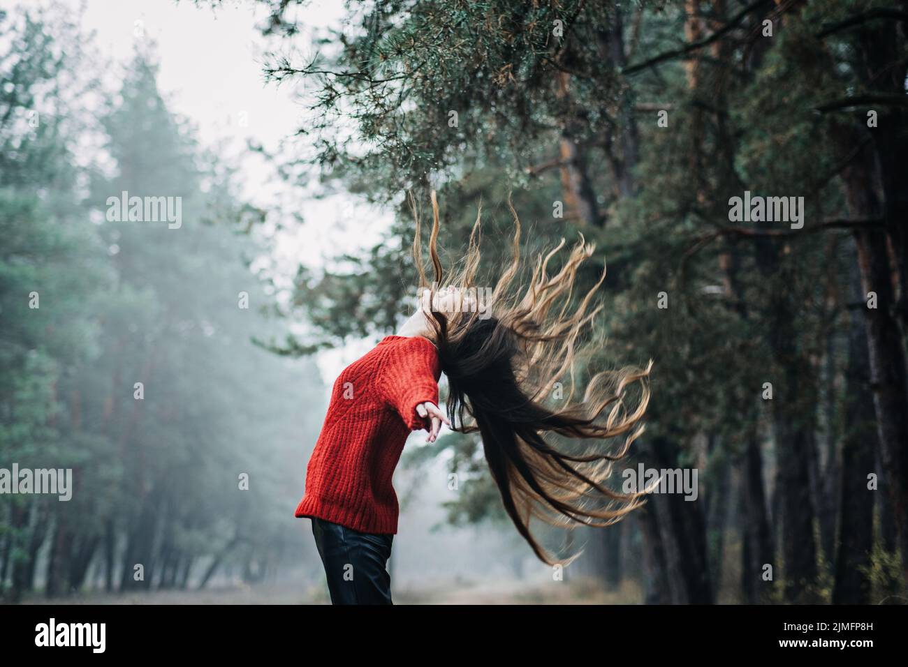 Nervous breakdown, mental breakdown. Exited woman with long fluttering ...