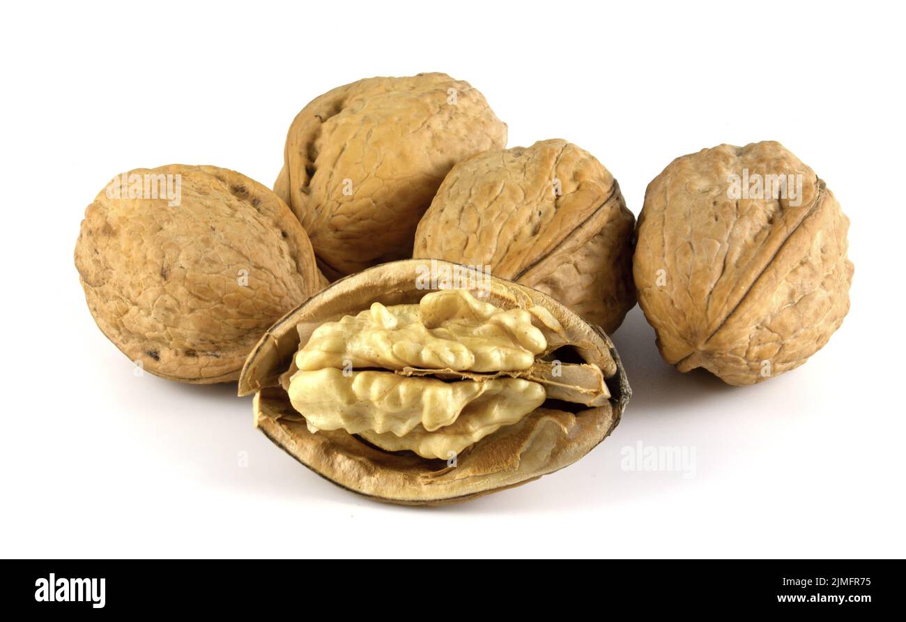 Walnuts isolated on white background. Whole and shelled nuts. Juglans ...