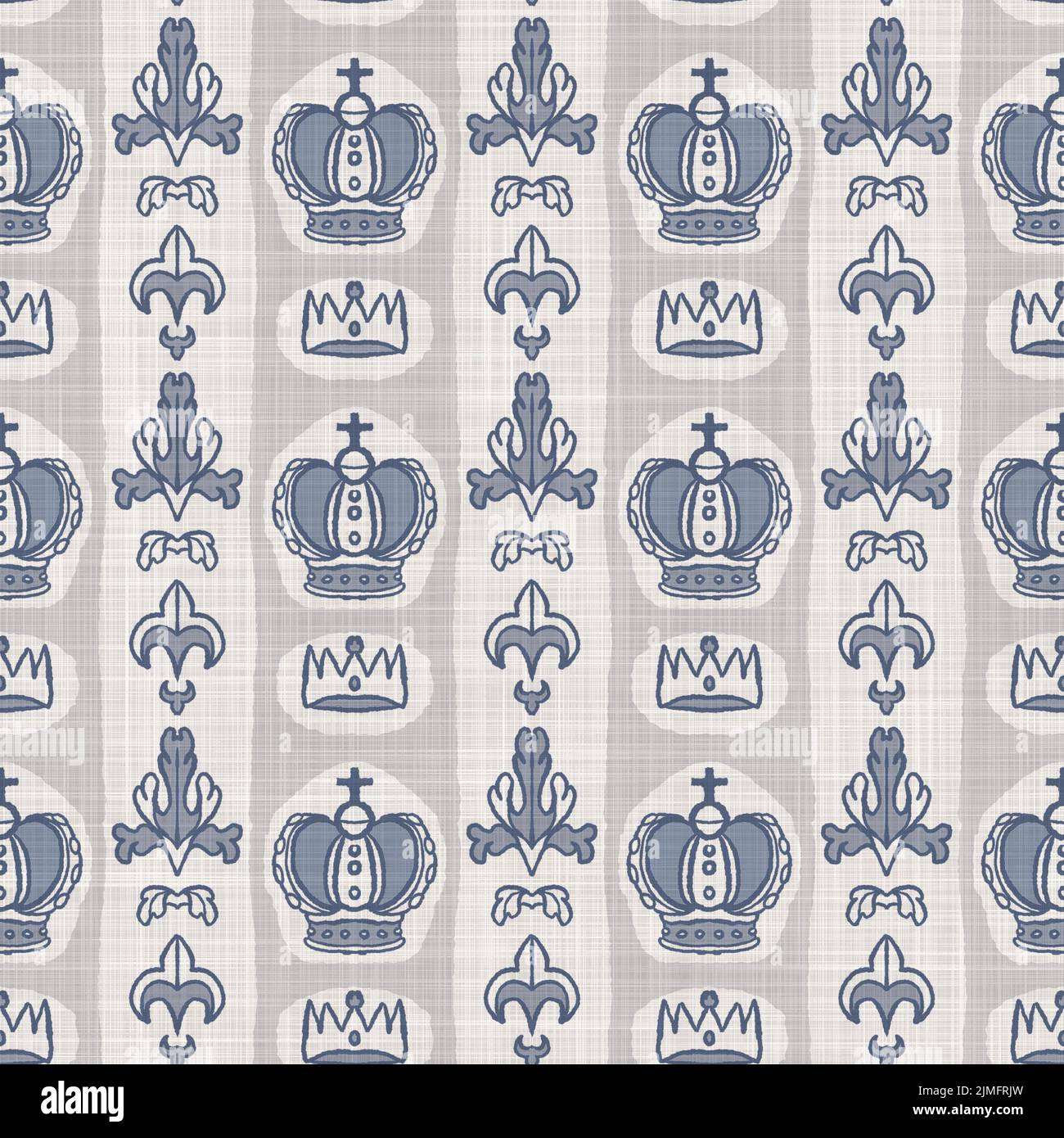 French blue crown motif seamless pattern. Tonal country cottage style ...