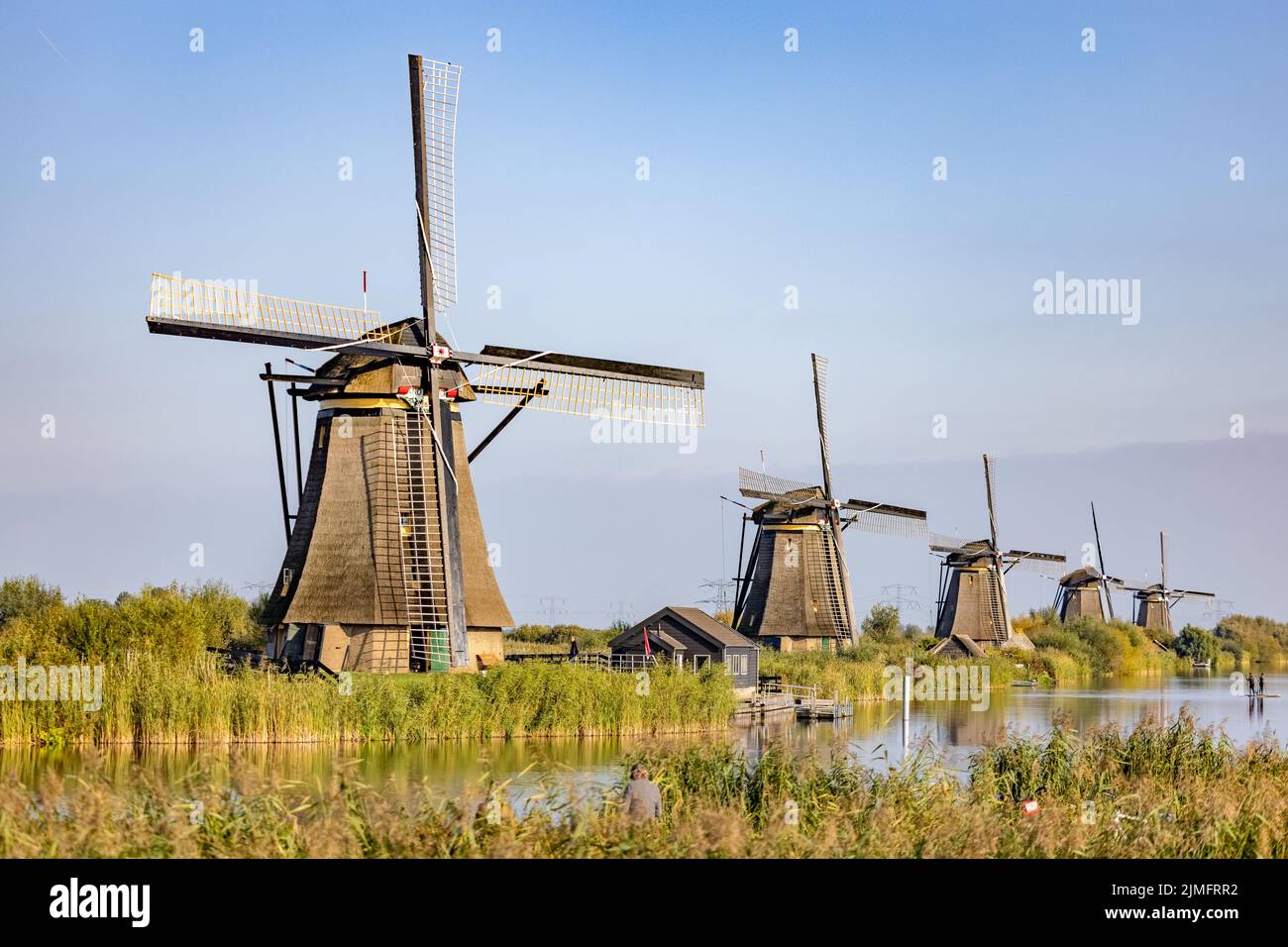 Horizontal picture of the famous Dutch windmills at Kinderdijk, a ...